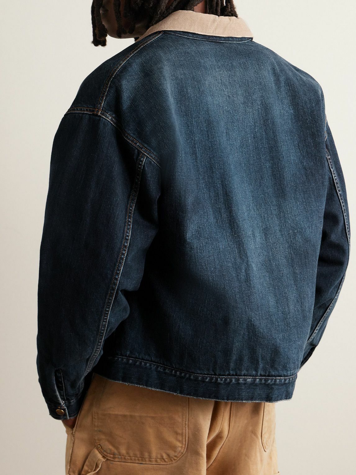 Visvim - Social Sculpture Corduroy-Trimmed Padded Indigo-Dyed Denim ...