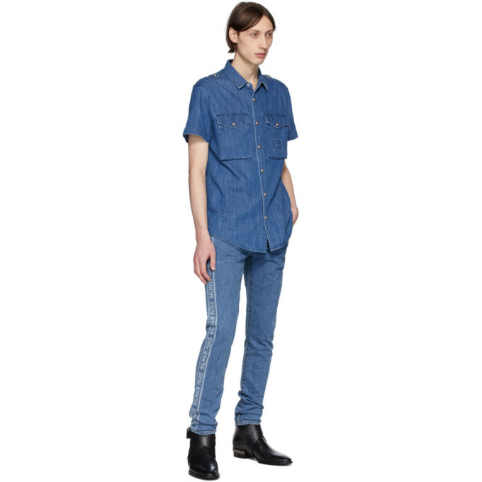 Balmain Blue Denim Embossed Logo Short Sleeve Shirt Balmain