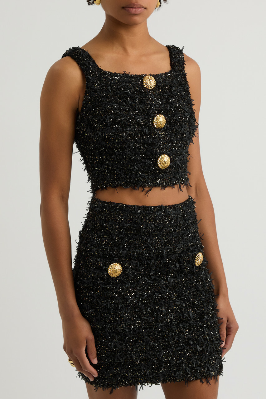 Balmain Frayed Cropped Bouclé Tweed top Black Balmain