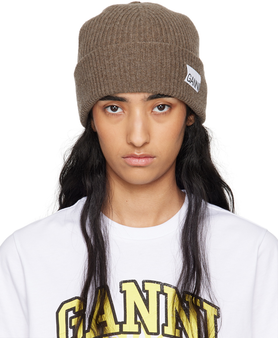 GANNI Taupe Fitted Wool Rib Knit Beanie GANNI