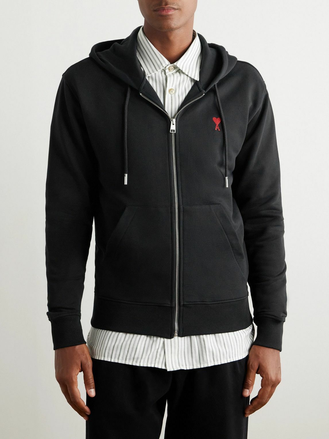 AMI PARIS - Logo-Embroidered Cotton-Blend Jersey Zip-Up Hoodie - Black AMI