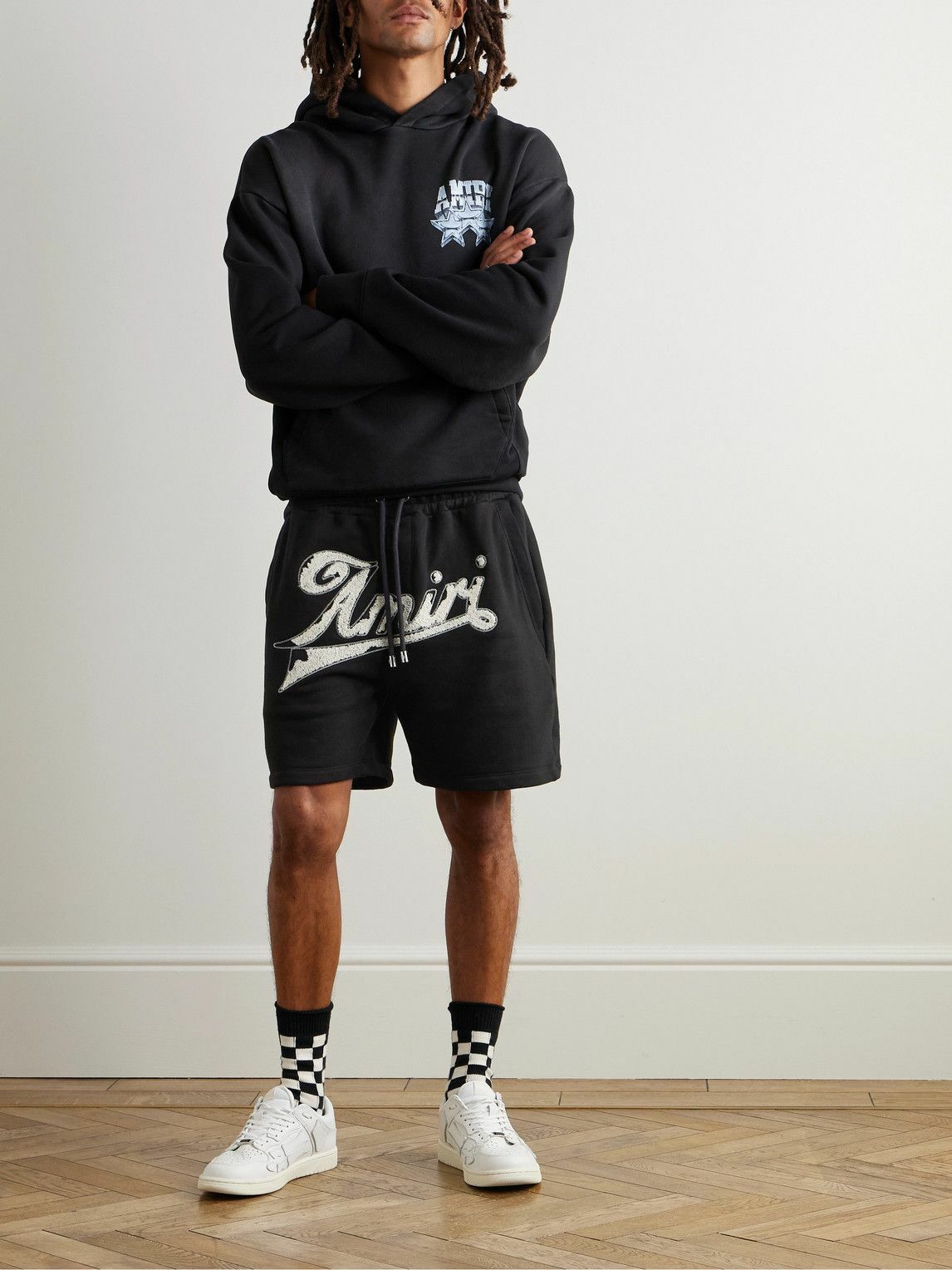 AMIRI - Straight-Leg Logo-Flocked Cotton-Jersey Drawstring Shorts ...