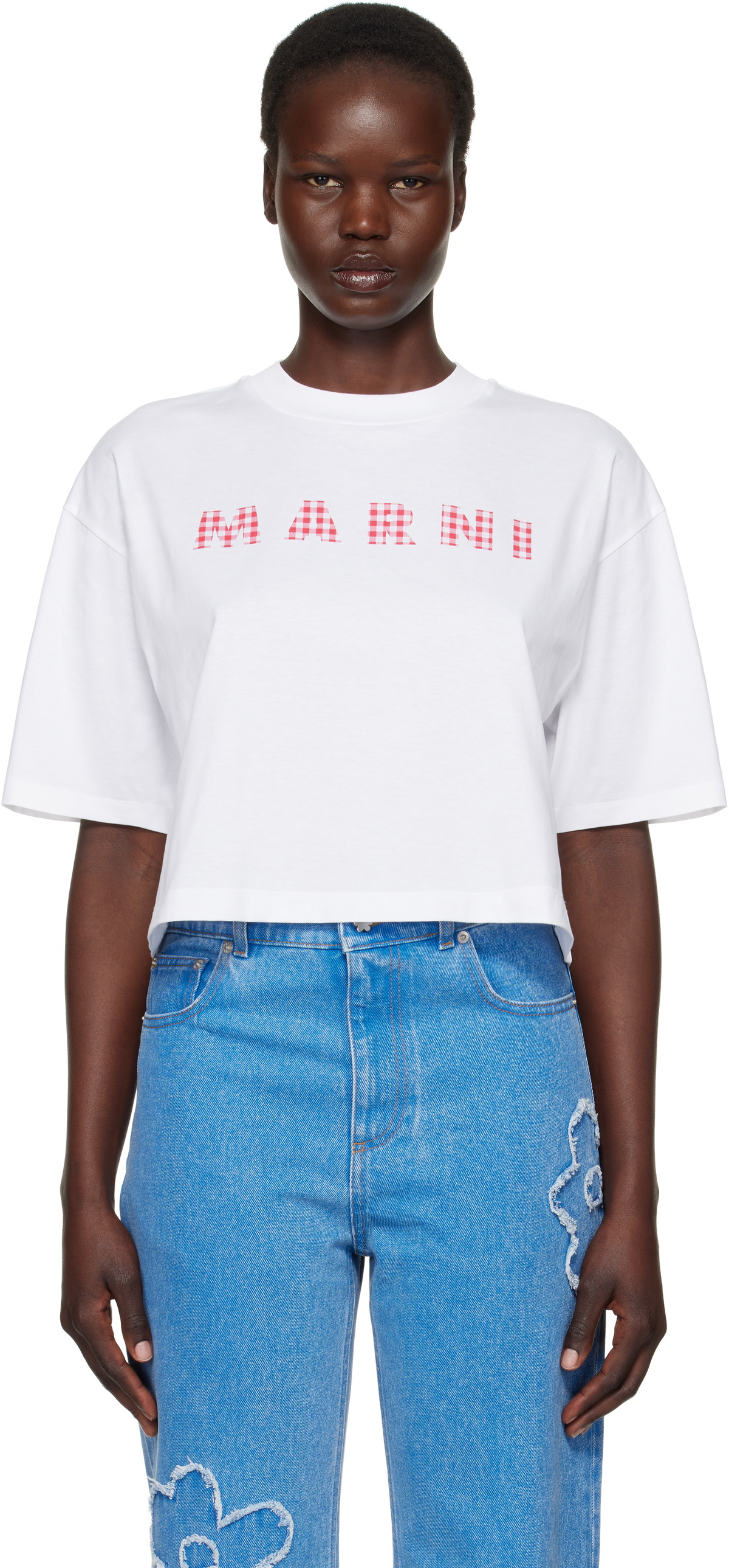 Marni White Checked 'Marni' Logo T-Shirt Marni