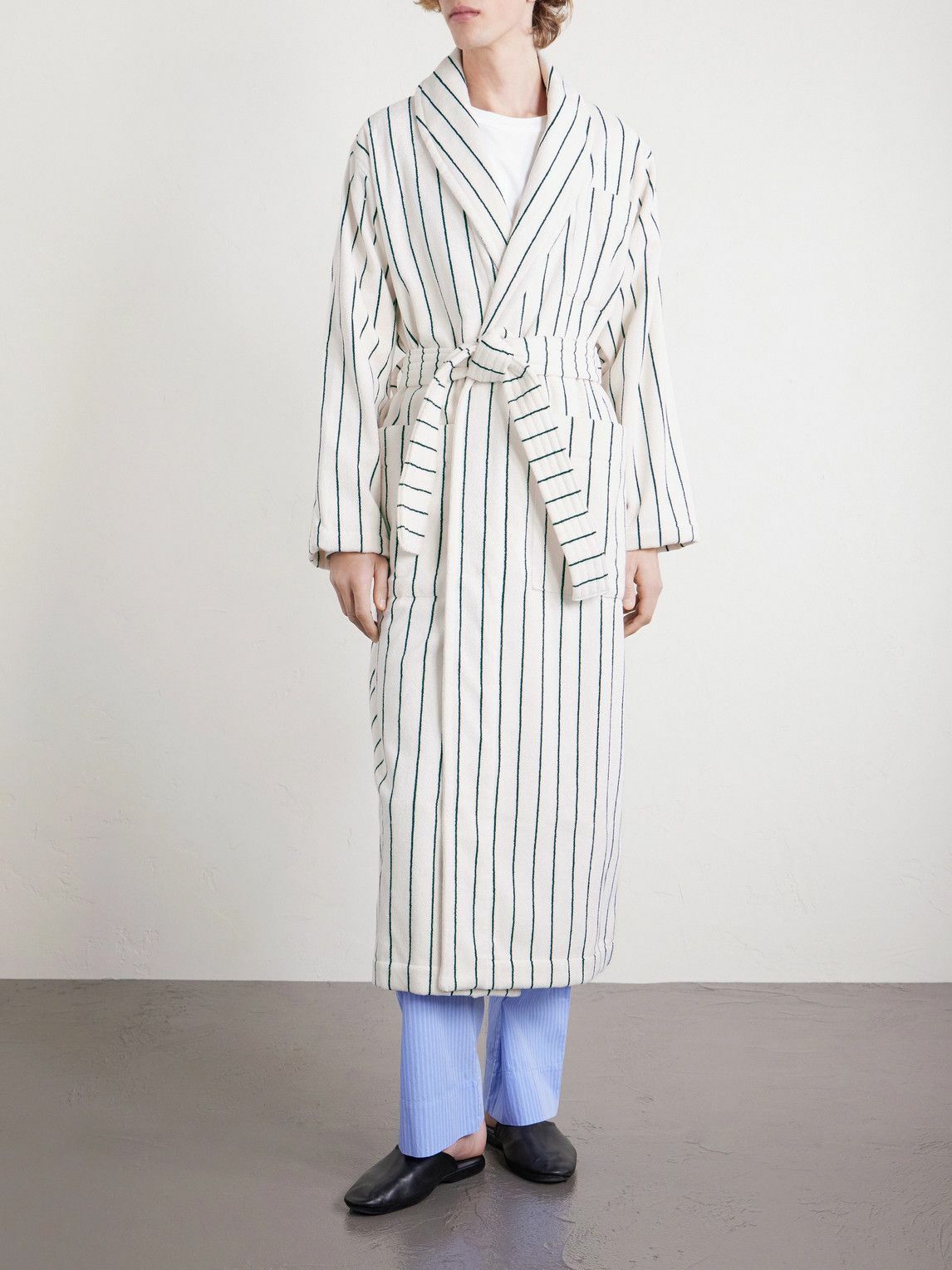TEKLA - Belted Striped Organic Cotton-Terry Robe - Green Tekla Fabrics