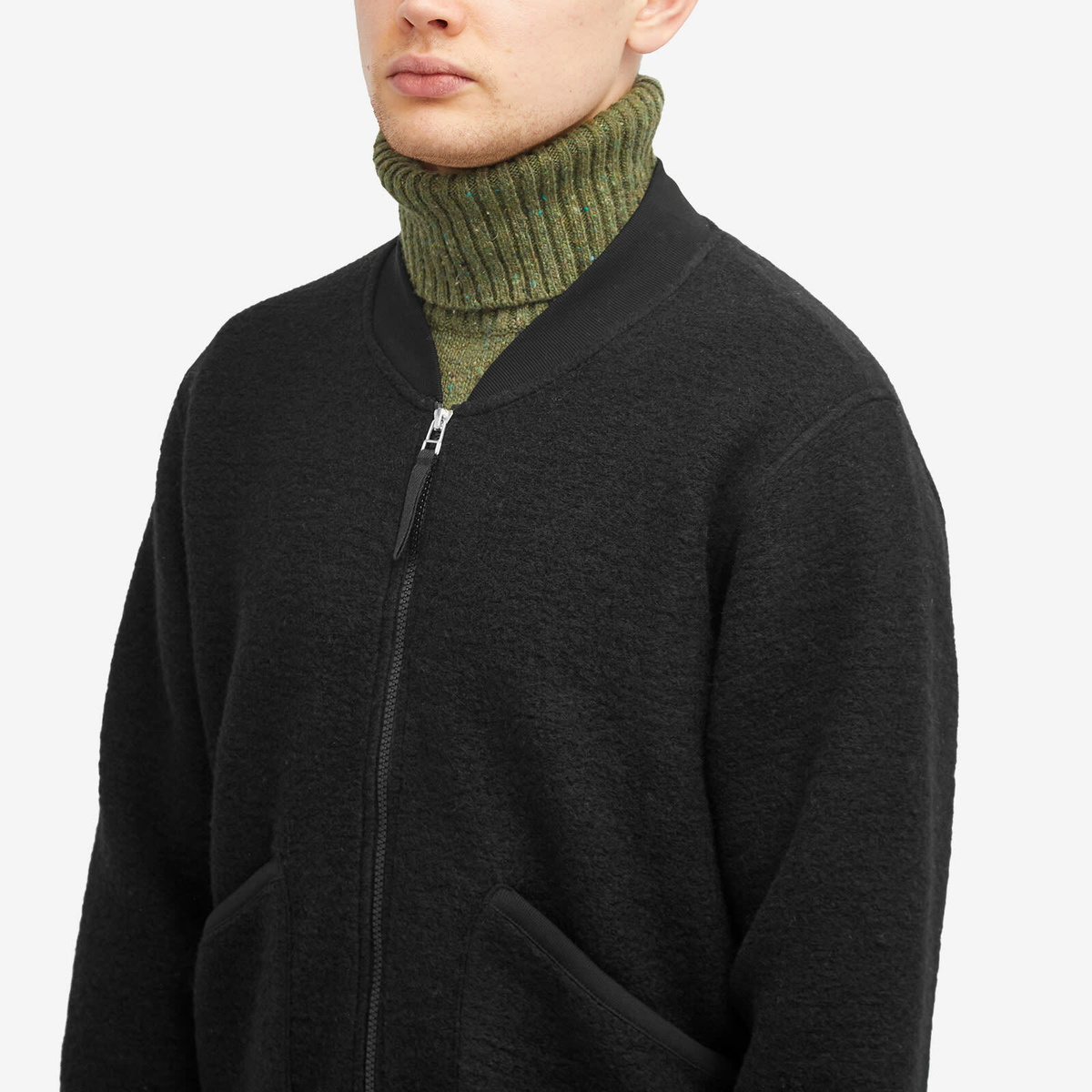 Universal Works Men's Wool Fleece Zip Bomber Jacket in Black Universal ...
