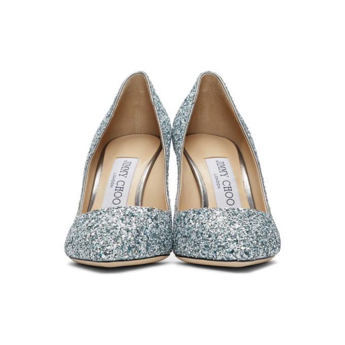 Jimmy Choo Silver and Blue Glitter Romy 85 Heels Jimmy Choo