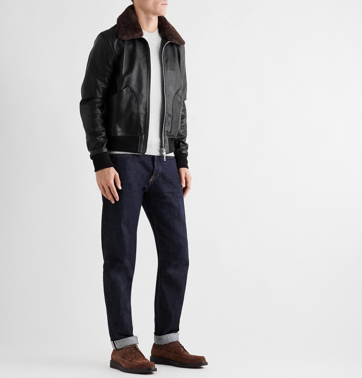 Mr P. - Shearling-Trimmed Leather Bomber Jacket - Black Mr P.