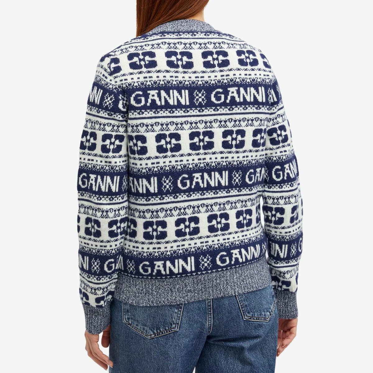 GANNI Women's Logo Wool Mix O-Neck Pullover in Sky Captain GANNI