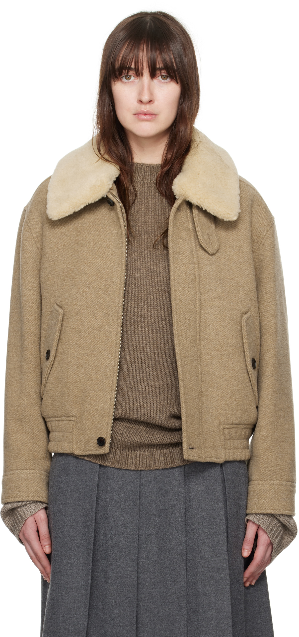 Dunst Beige Detachable Faux-Shearling Collar Bomber Jacket Dunst
