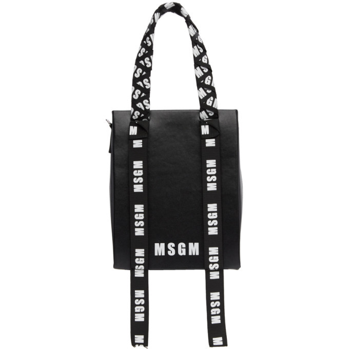 MSGM Black Leather Logo Ribbons Tote MSGM