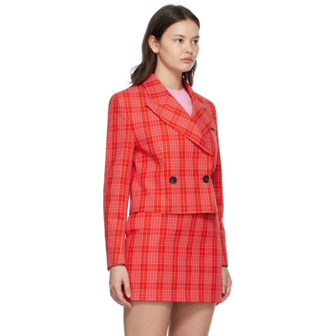 MSGM Red and Pink Cropped Plaid Blazer MSGM