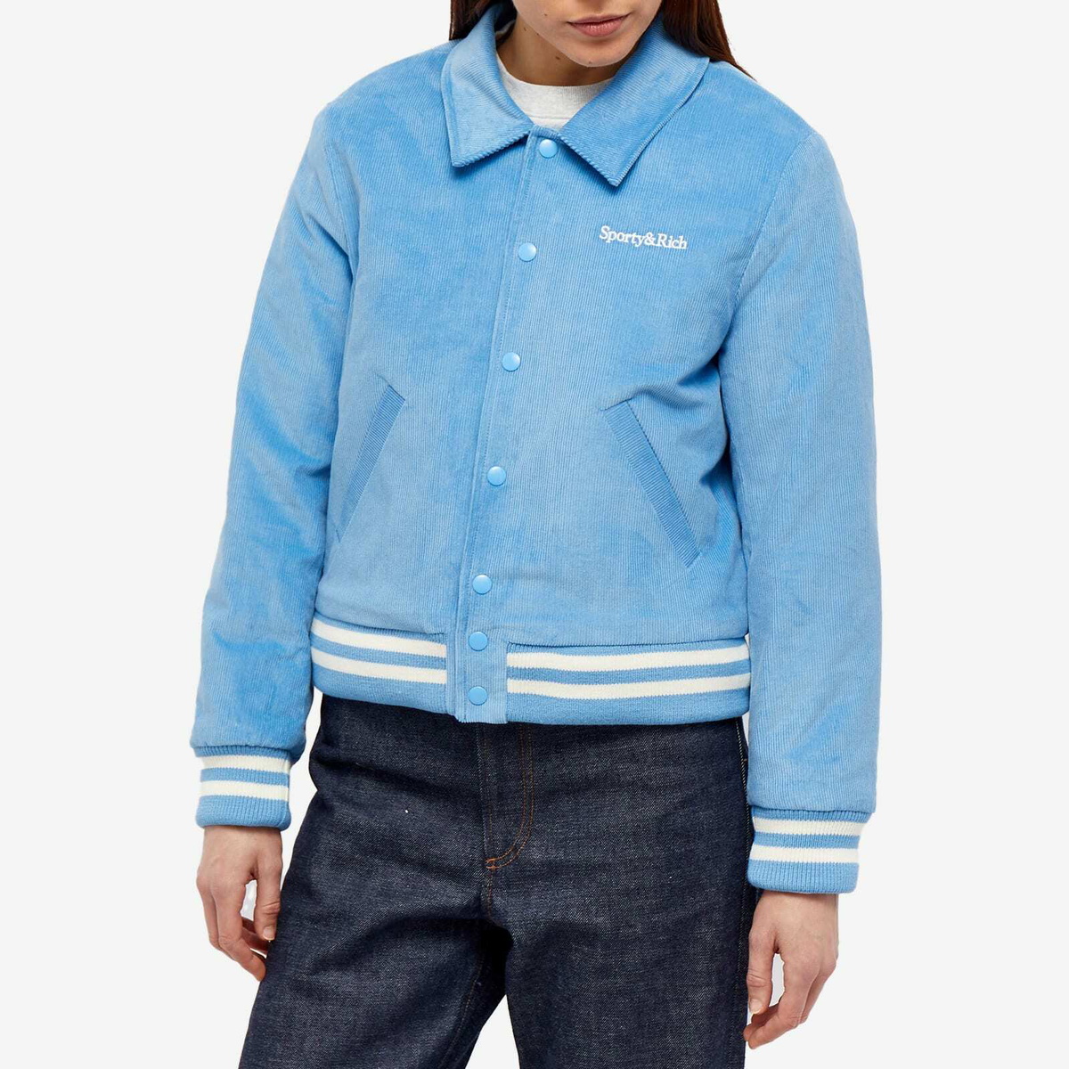 Sporty & Rich Women's Corduroy Varsity Jacket in Baby Blue/White Sporty ...