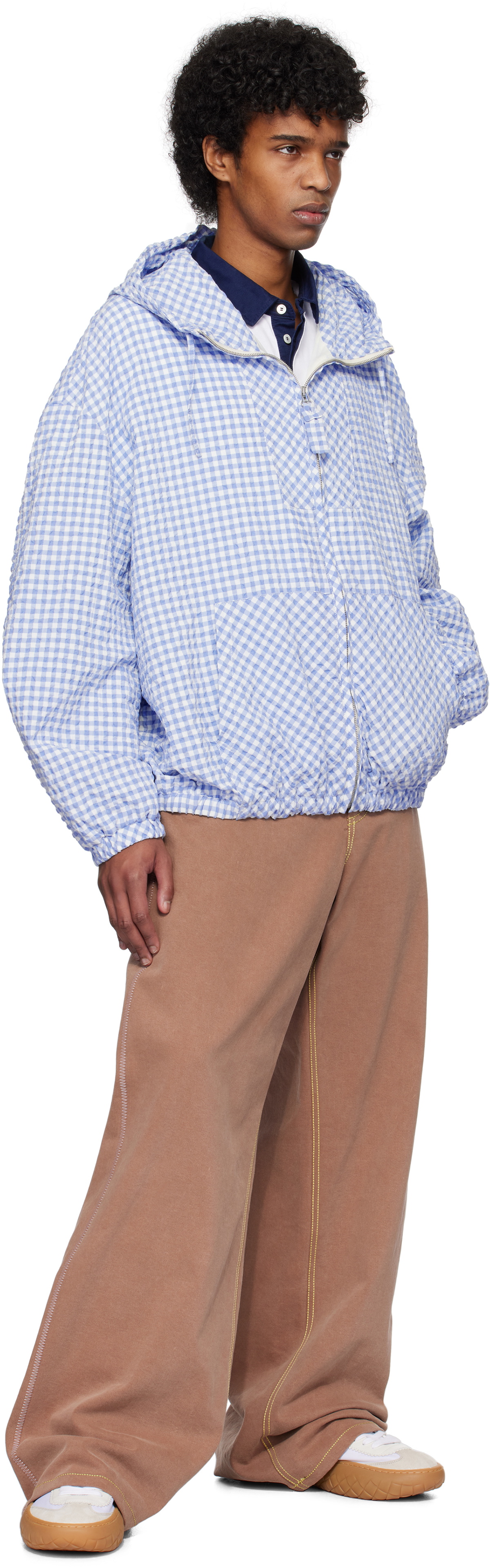 Marni Blue & White Gingham Seersucker Hooded Jacket Marni