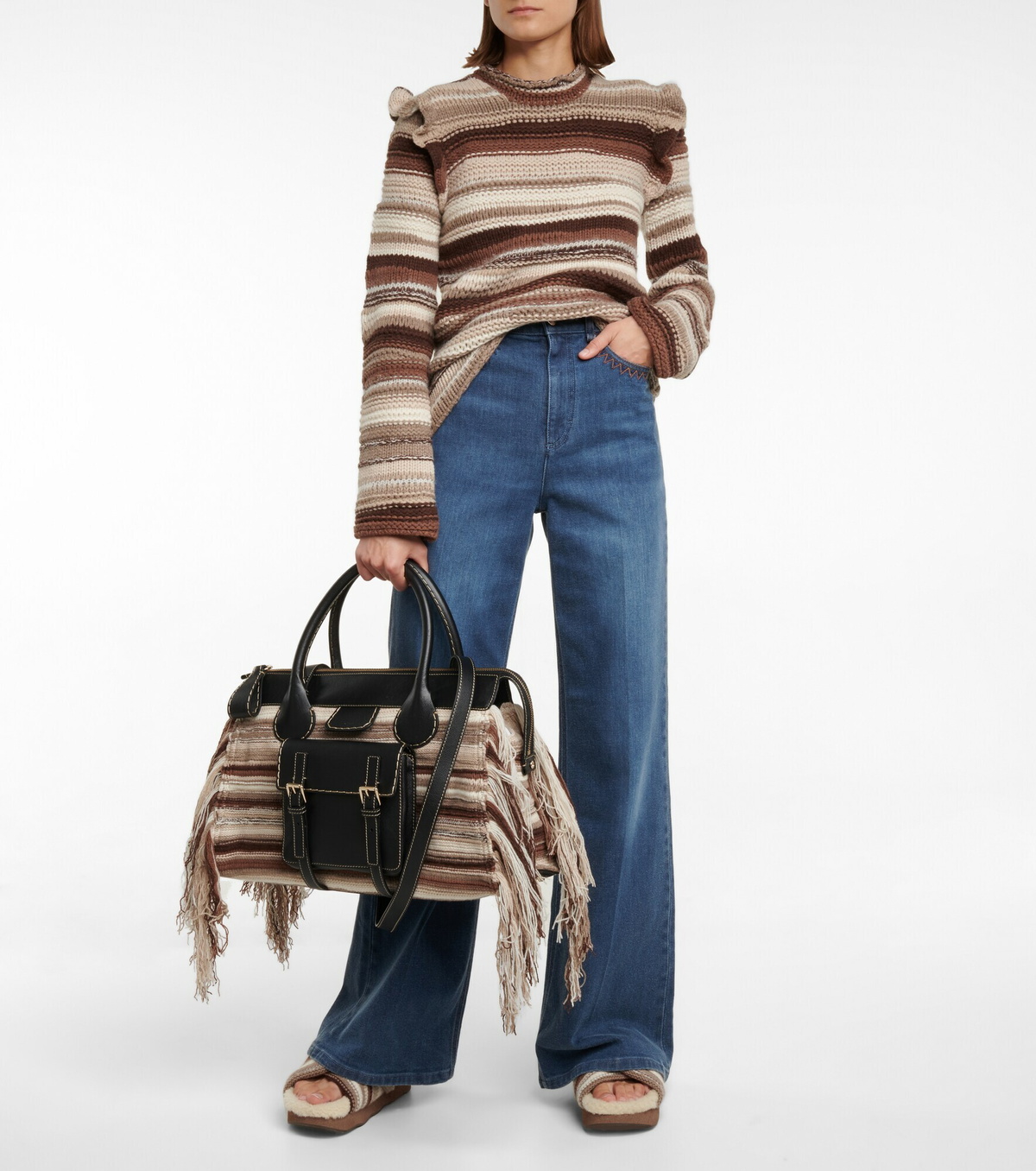 Chloe - Edith Large fringe-trimmed striped cashmere and leather tote Chloe