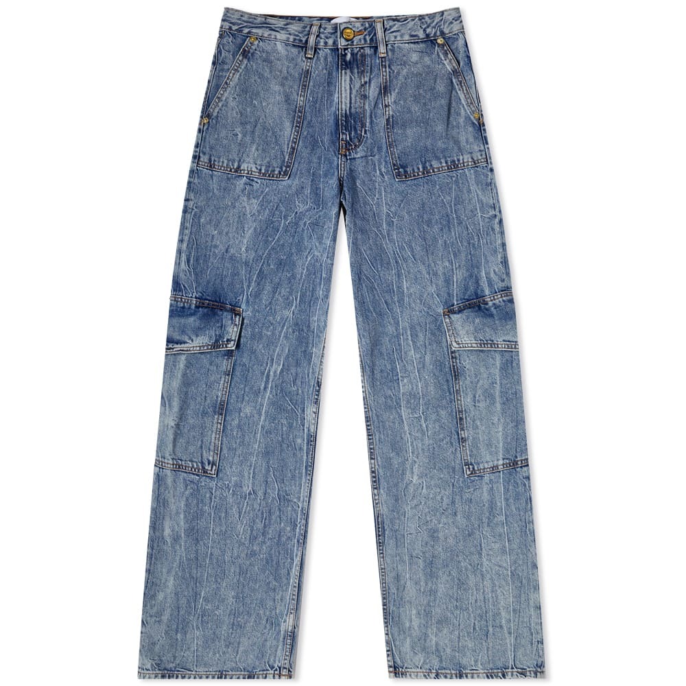 GANNI Women's Crinkle Denim Angi Wide Leg Jean in Mid Blue Stone GANNI
