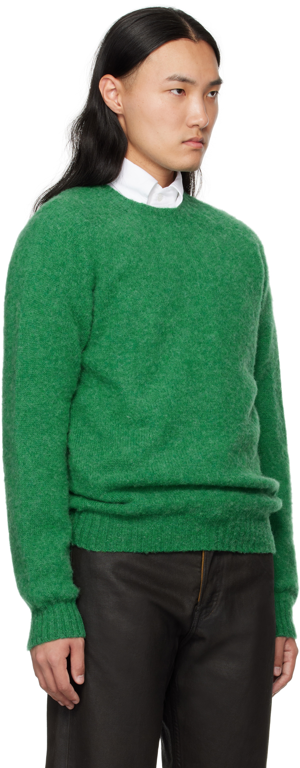 Drake's Green Brushed Shetland Crew Neck Sweater Drake's