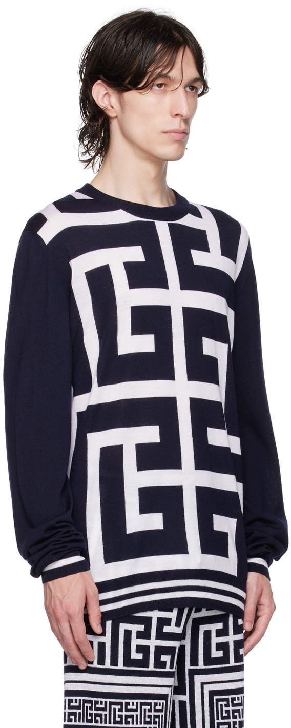 Balmain White & Navy Jacquard Sweater Balmain