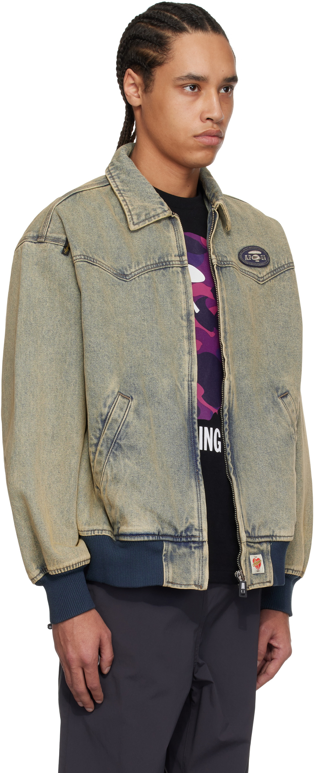 AAPE by A Bathing Ape Blue 'AAPE' Main Light Weight Denim Bomber Jacket ...