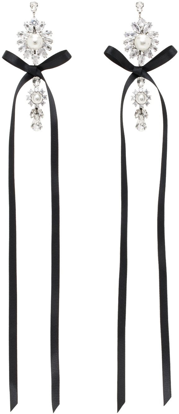 Simone Rocha Silver & Black Long Crystal Crest Bow Earrings Simone Rocha