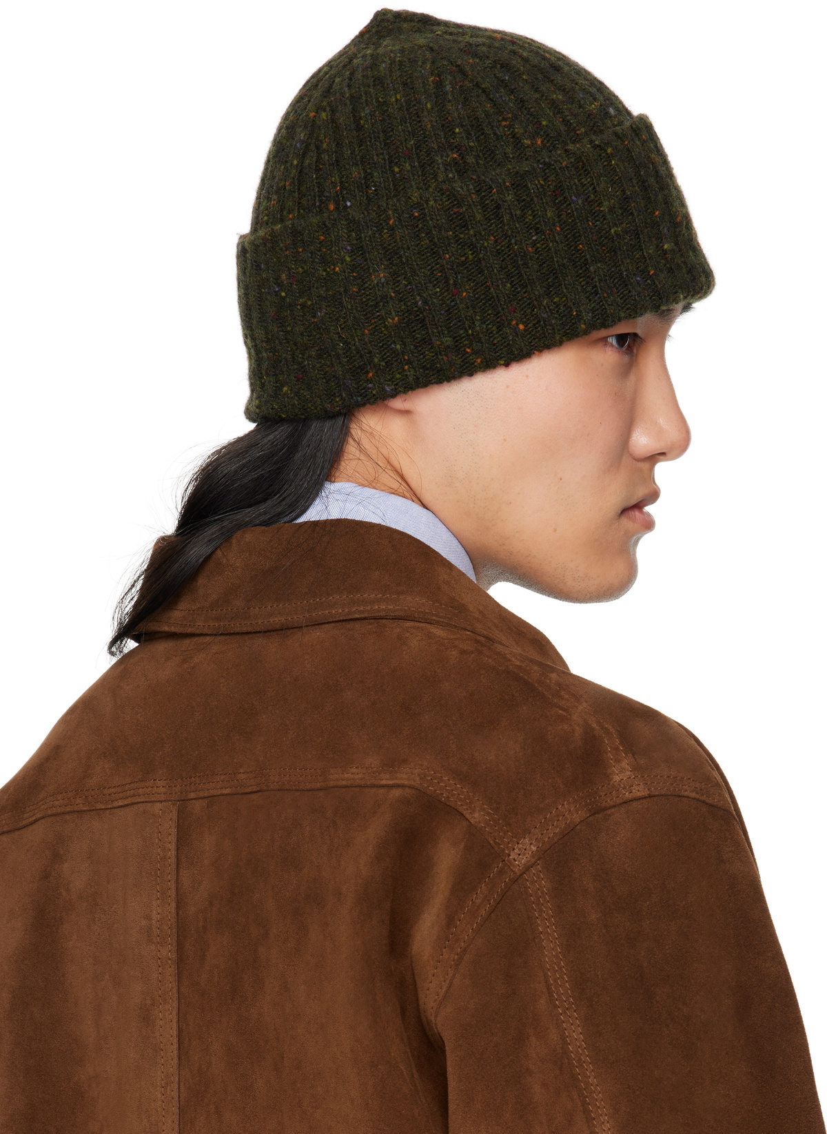 Drake's Green Ribbed Merino Donegal Knit Beanie Drake's