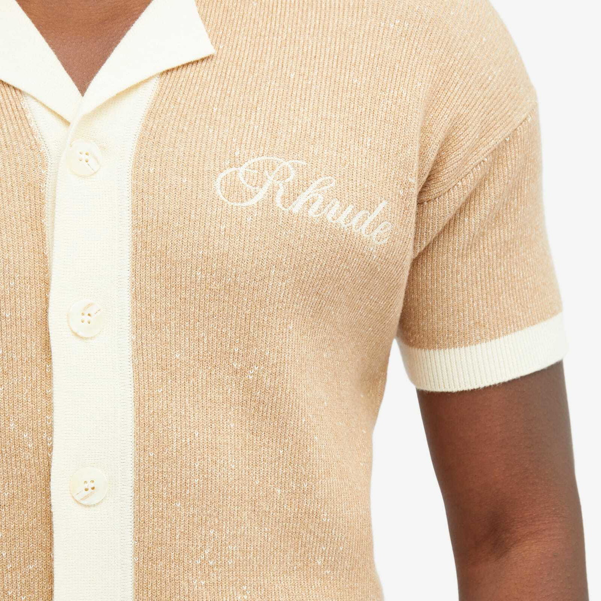 Rhude Men's Contrast Knit Button-Up Polo Shirt in Brick/Cream Rhude