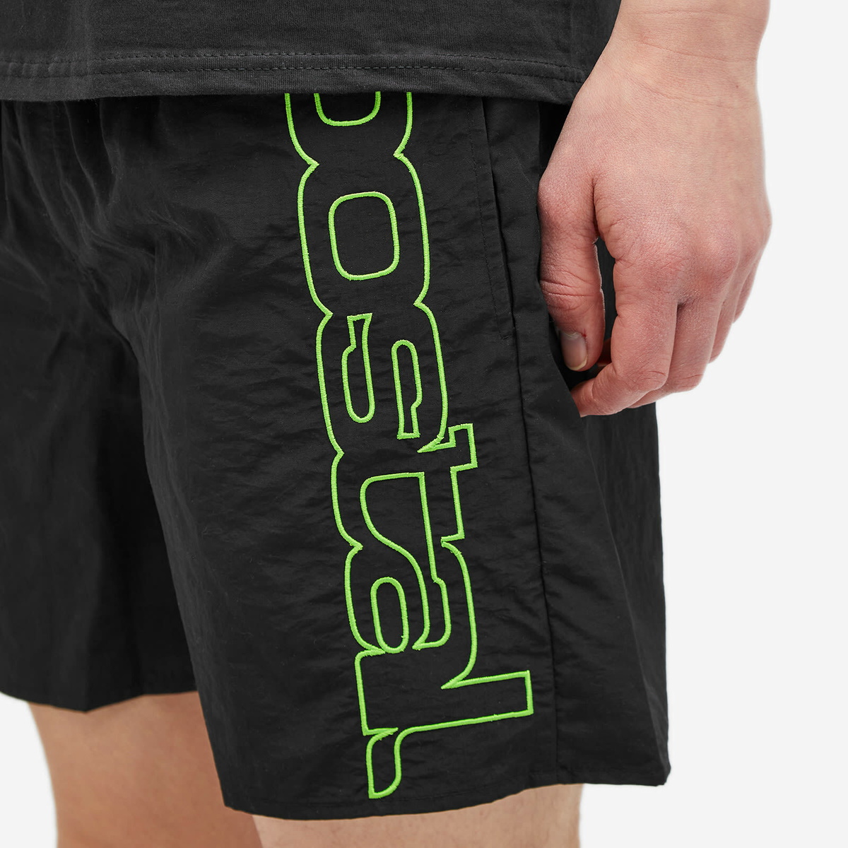 POSTAL Men's Metallic Nylon Side Logo Shorts in Black POSTAL