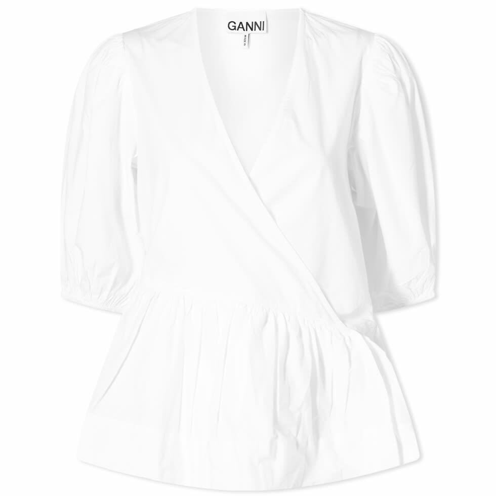 GANNI Women's Cotton Poplin Wrap Blouse in Bright White GANNI GANNI Women's Cotton Poplin Wrap Blouse in Bright White GANNI