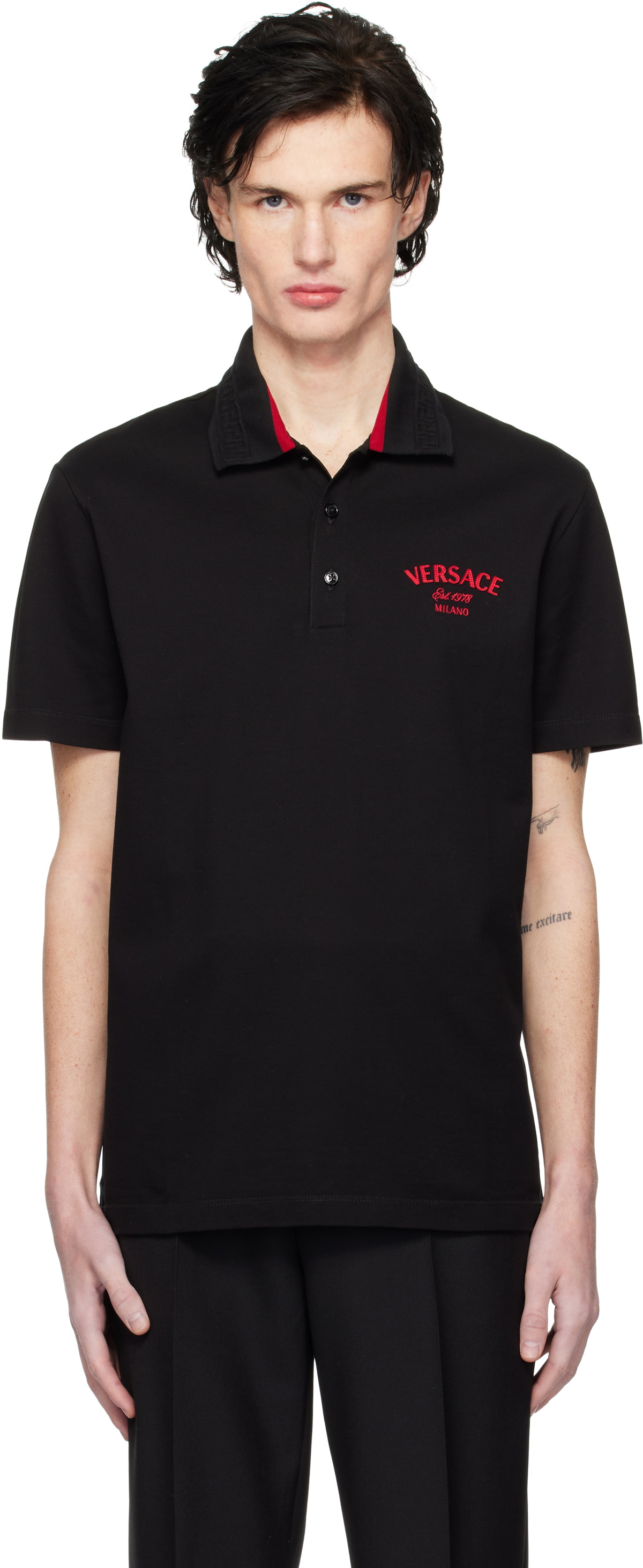 Versace Black Embroidered 'Versace Milano' Stamp Polo Versace