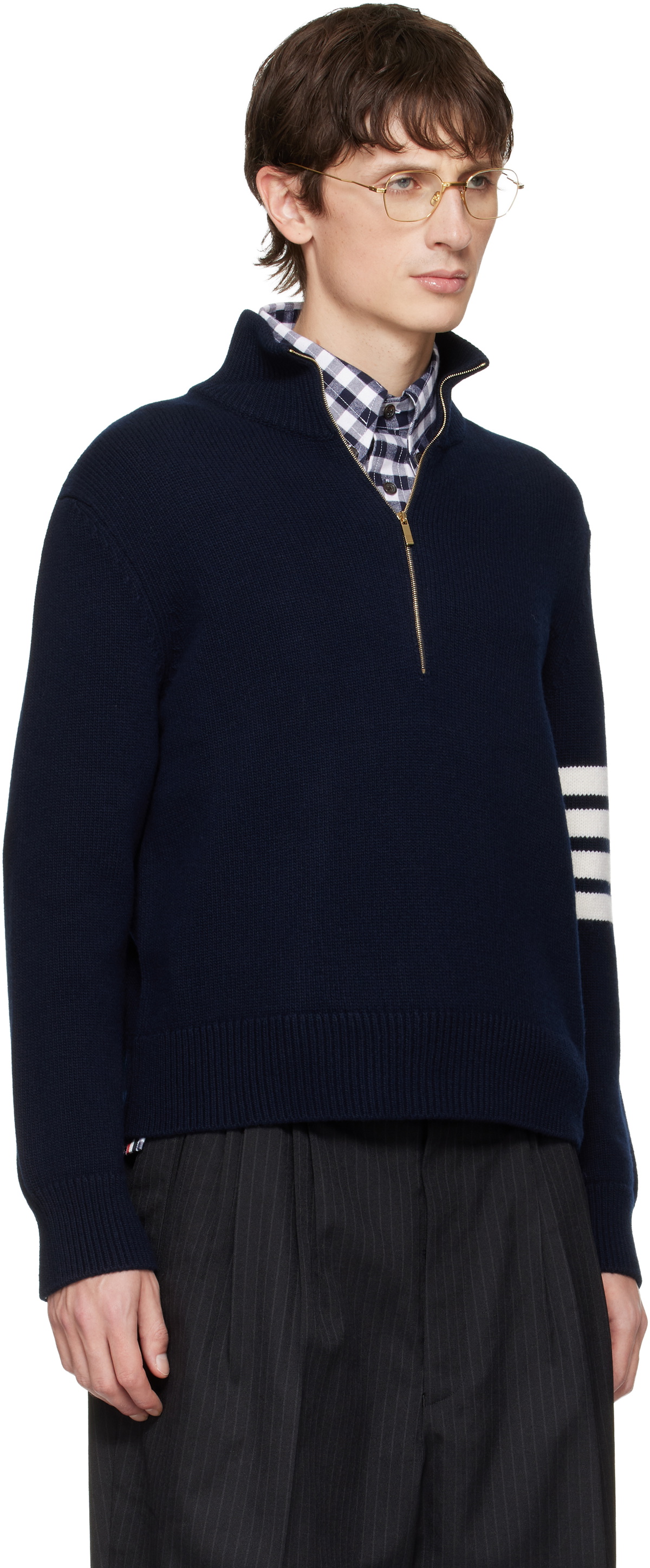 Thom Browne Navy Merino Wool 4-Bar Funnel Neck Sweater Thom Browne