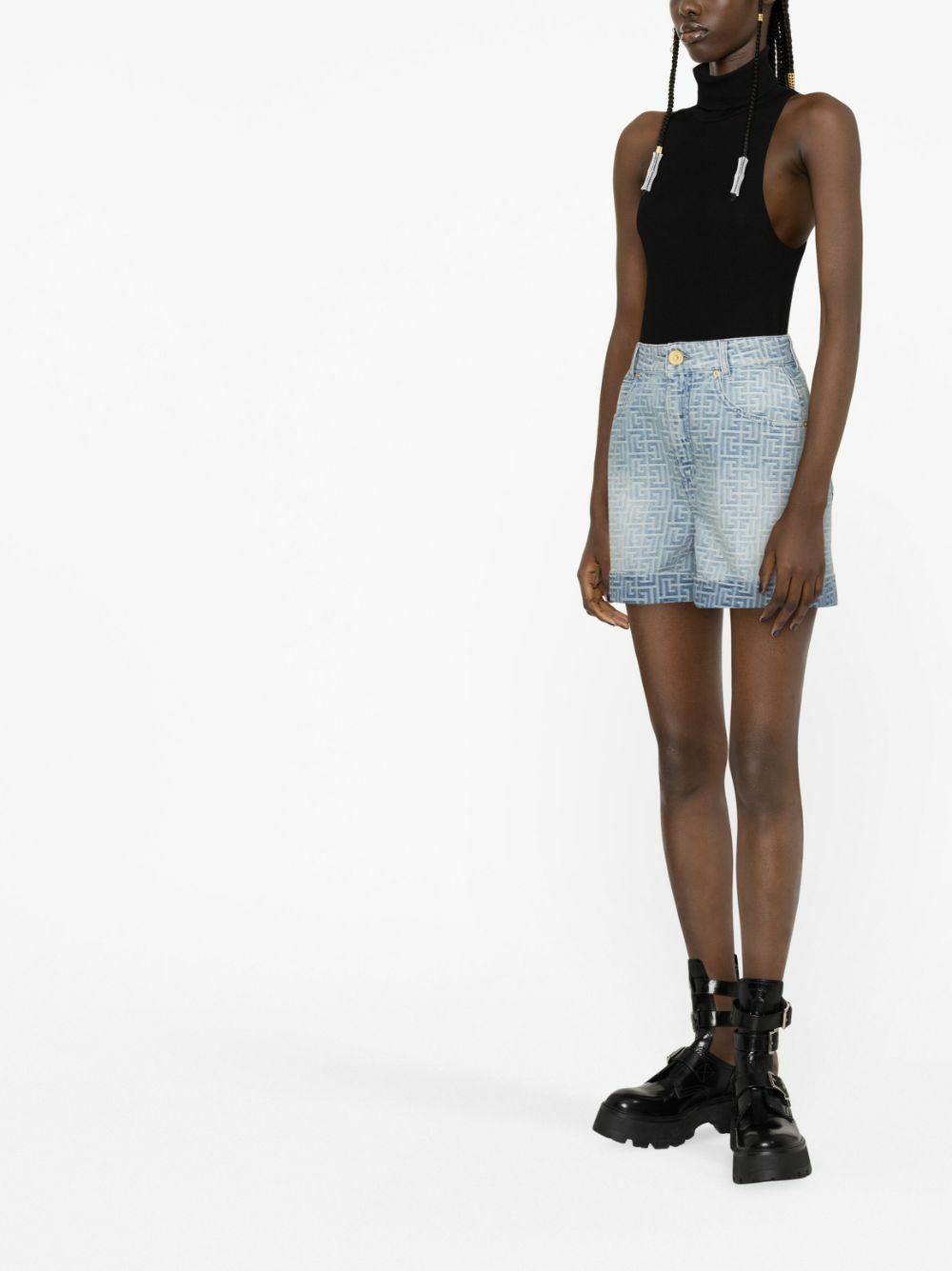 Balmain Blue Monogram Print Denim Shorts Balmain