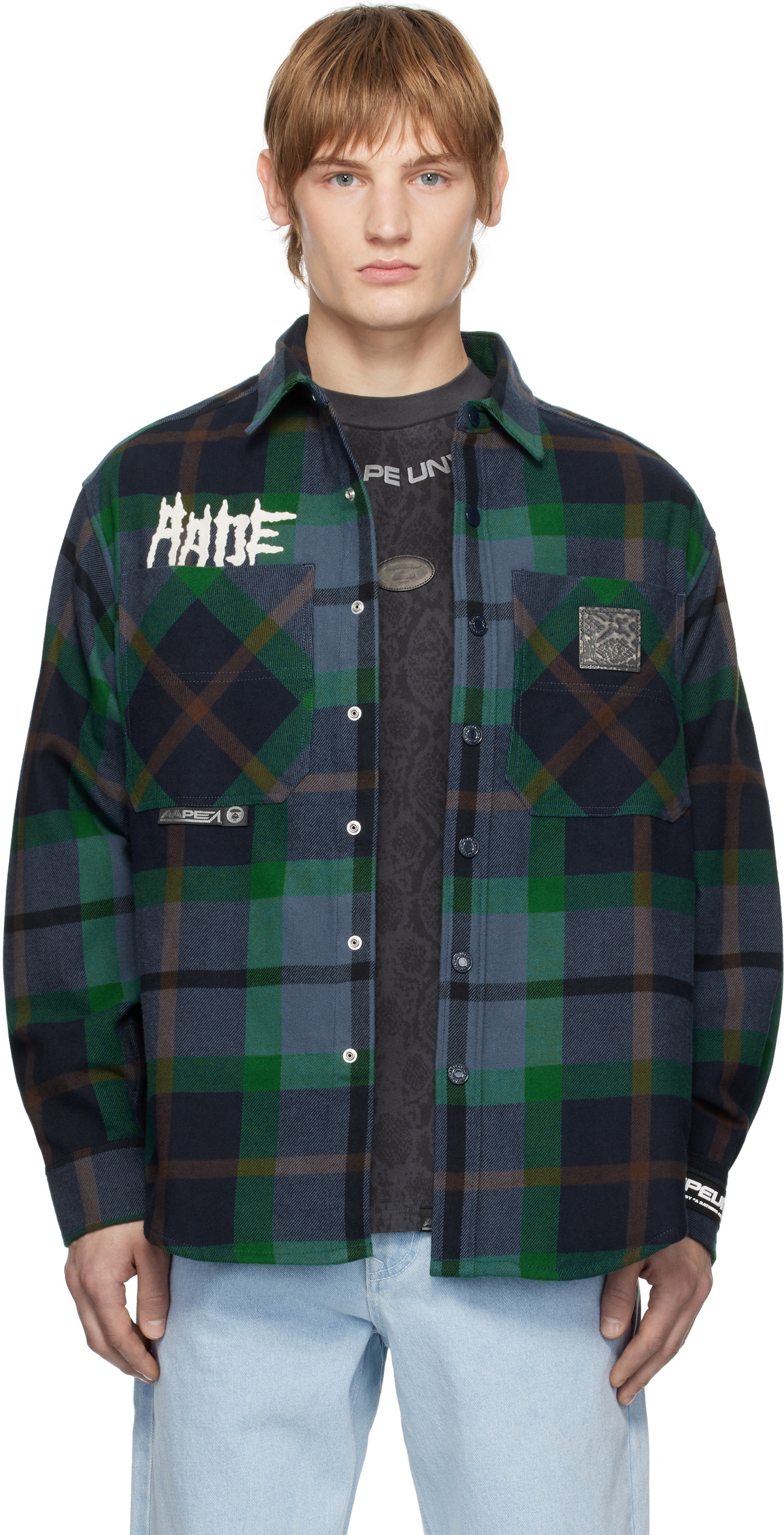 AAPE by A Bathing Ape Green & Navy 'AAPE UNVS' Long Sleeve Check Shirt ...