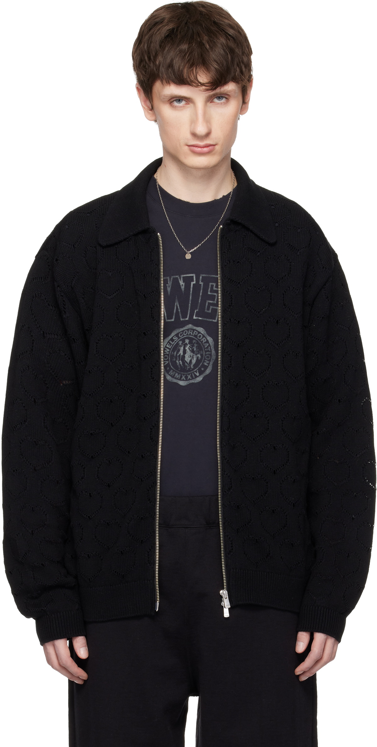 vowels Black Eyelet Knitted Zip-Up Jacket