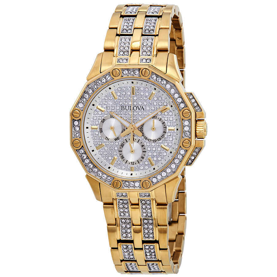 Bulova Crystal Silver Dial Yellow Gold-tone Mens Watch 98C126 Bulova