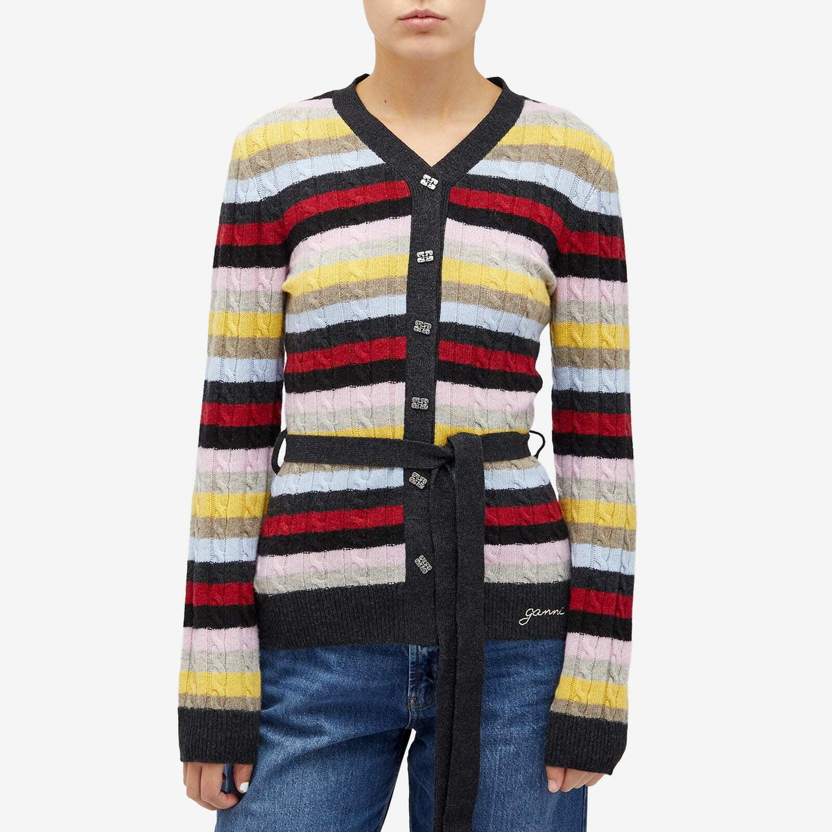 GANNI Women's Logo Wool Mix Belt Cardigan in Multicolour GANNI