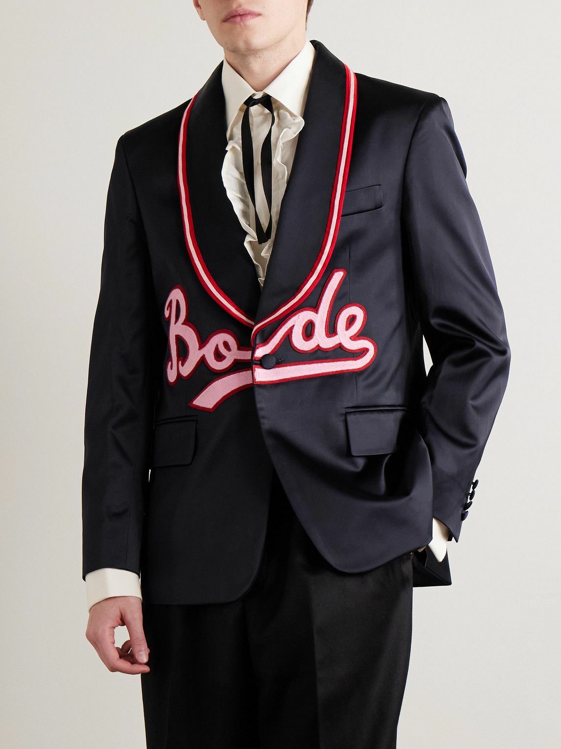 BODE - Embroidered Logo-Appliquéd Satin Blazer - Black Bode