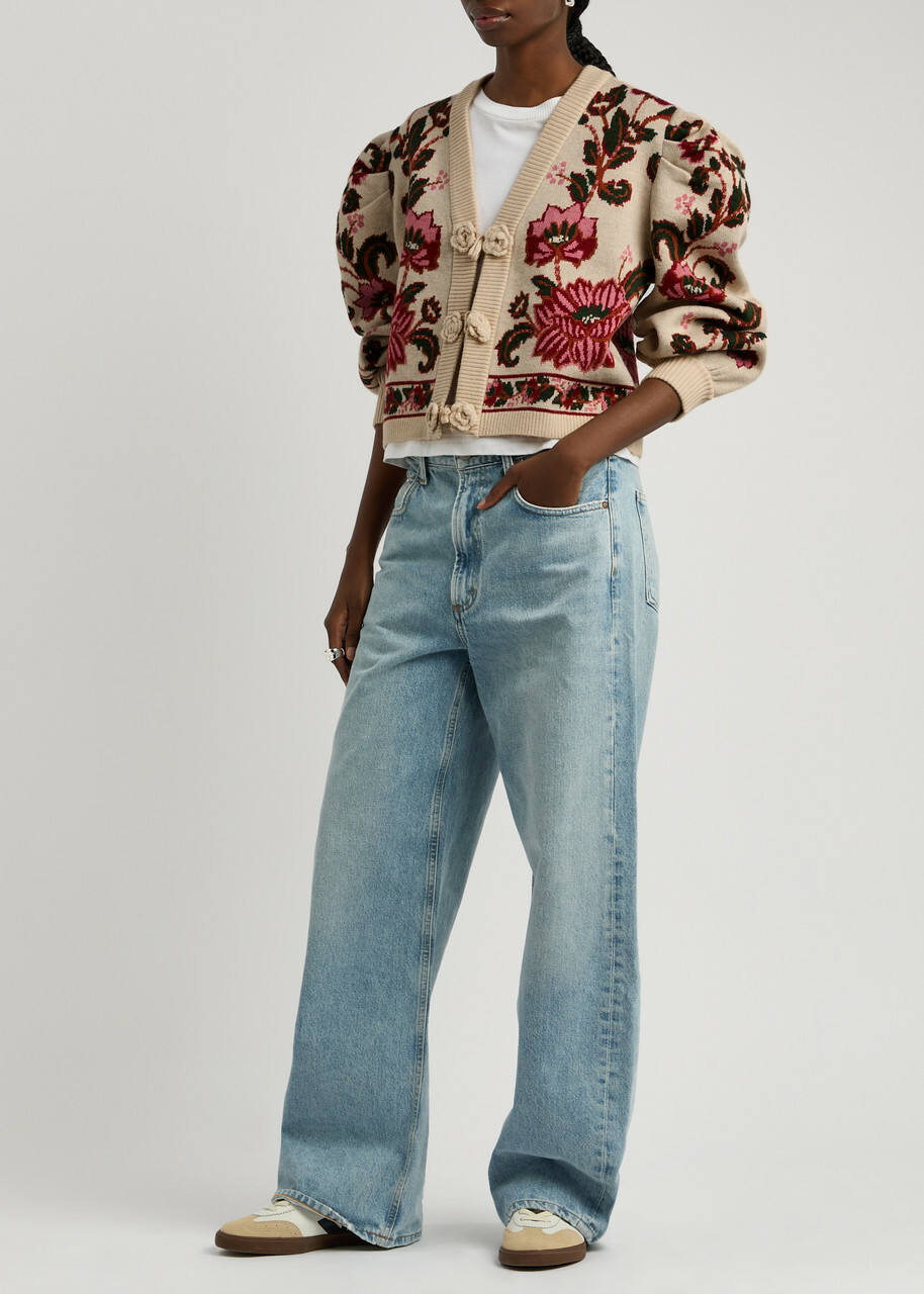 Farm Rio Ravenala Floral-intarsia Knitted Cardigan Cream Farm Rio