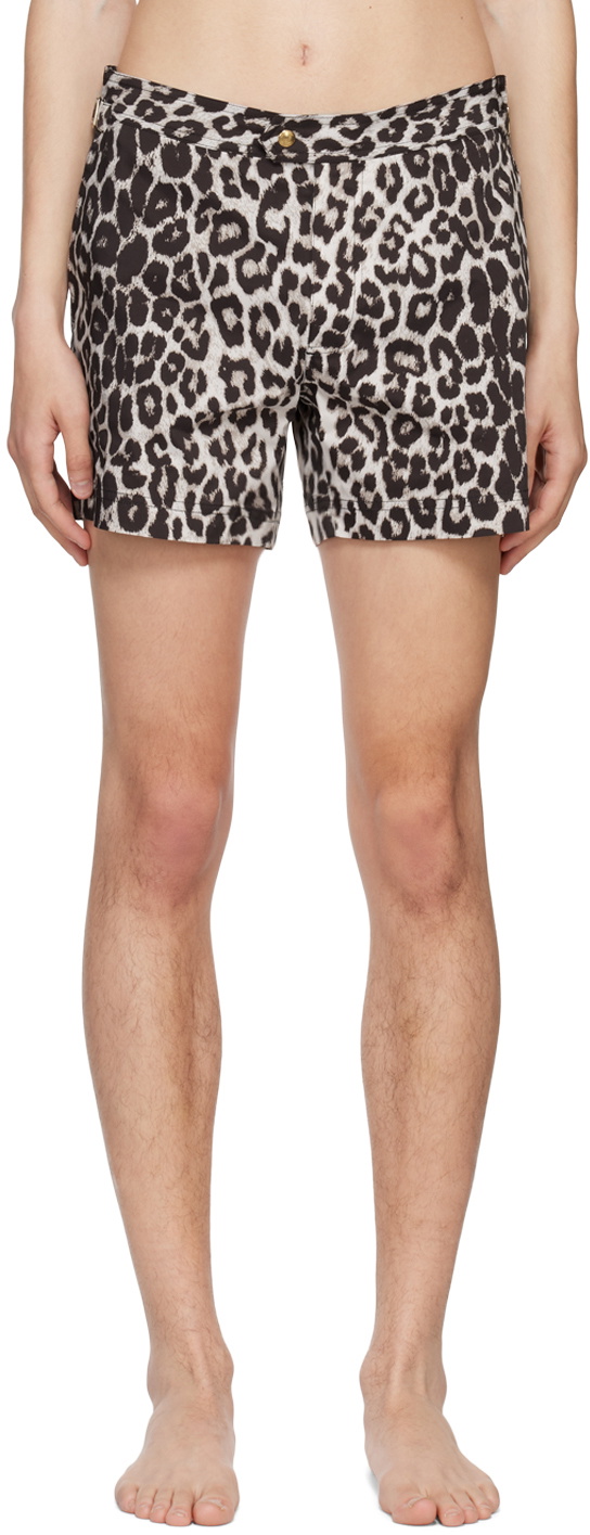 TOM FORD Brown & Off-White Leopard Swim Shorts TOM FORD