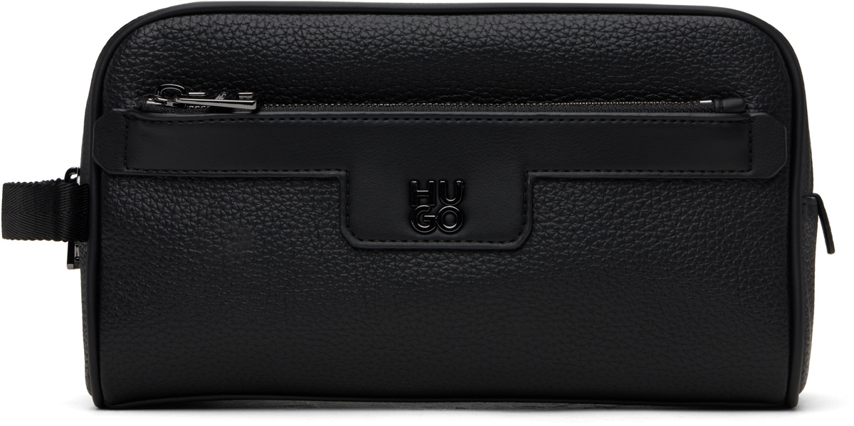Hugo Black Grained Stacked Logo Toiletry Pouch Hugo Boss