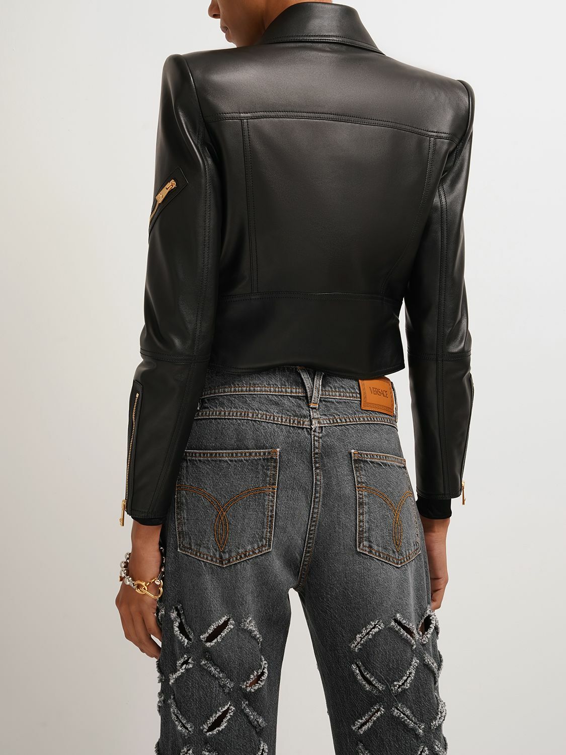 VERSACE - Belted Leather Zip-up Biker Jacket Versace