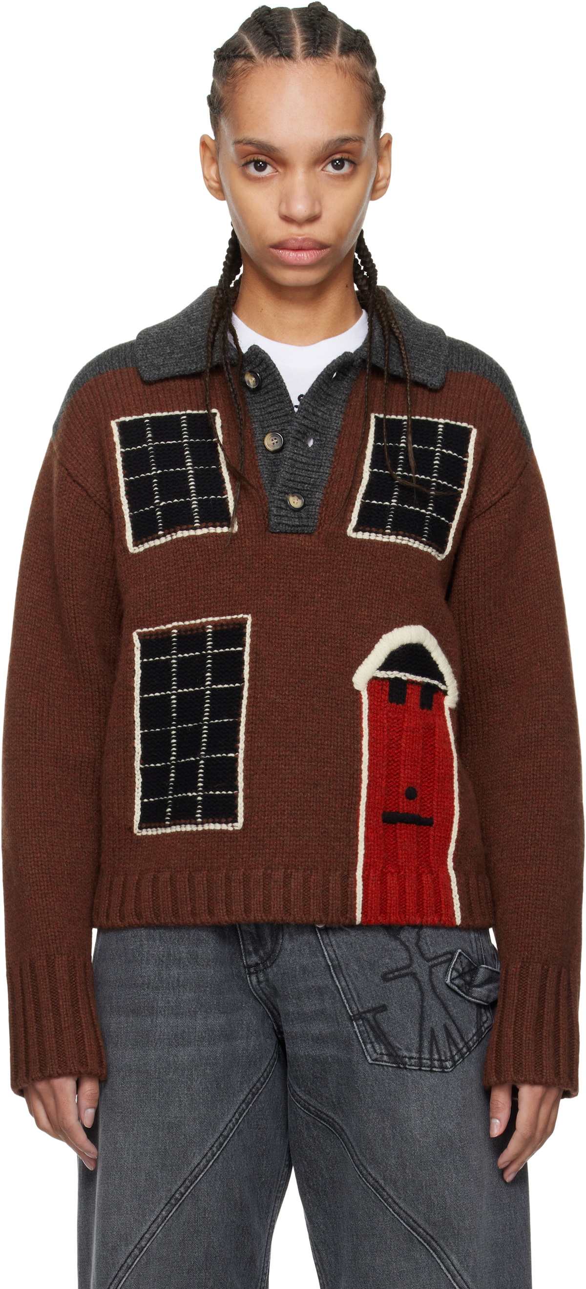 JW Anderson Brown House Intarsia Polo Sweater JW Anderson