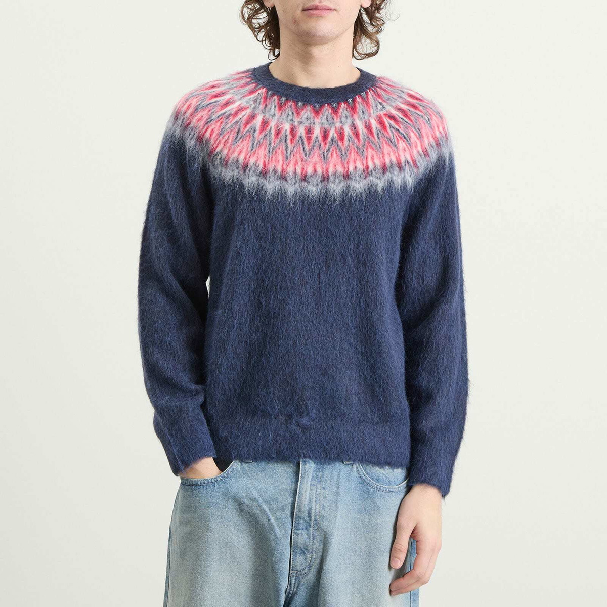 BEAMS Men's Nordic Shaggy Crew Neck Jumper in Navy Beams Boy