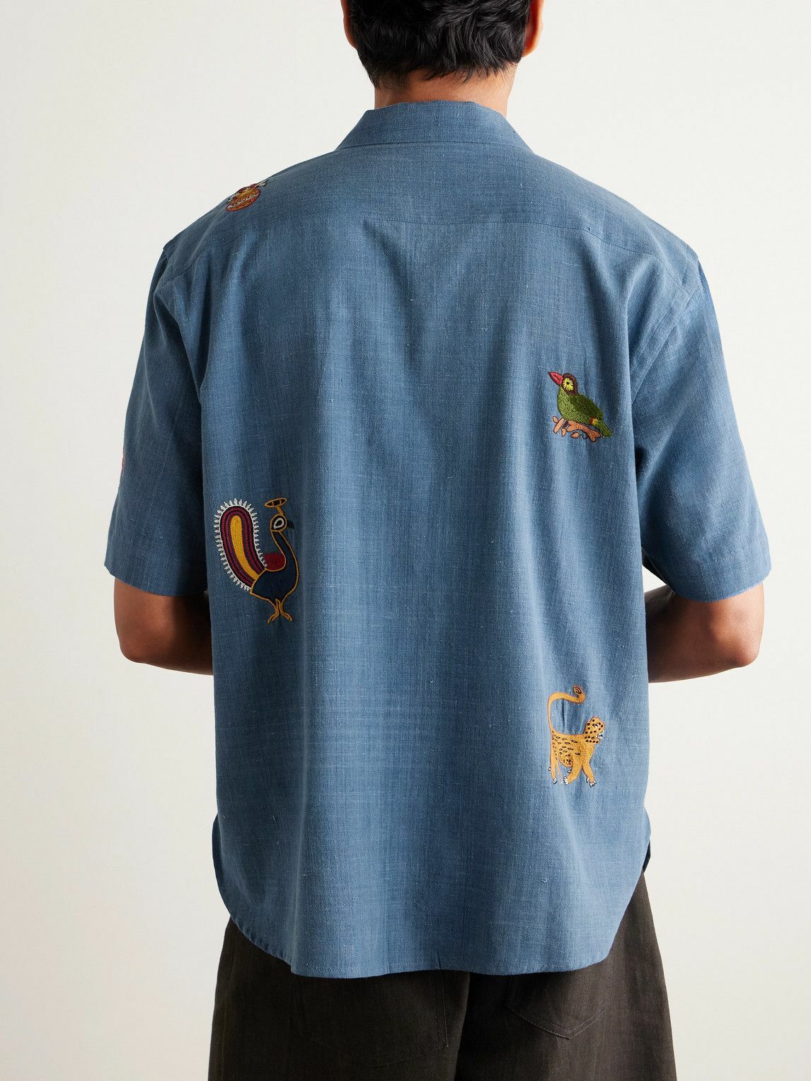 Kardo - Ronen Convertible-Collar Embroidered Cotton-Khadi Shirt - Blue Kardo