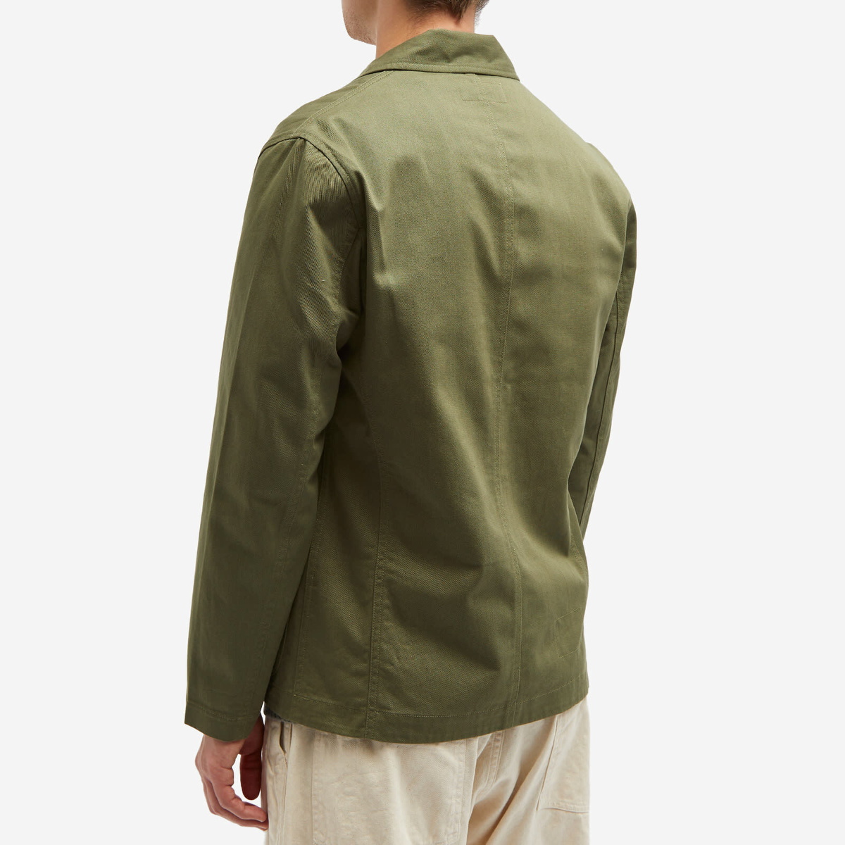 Universal Works Men's Twill Bakers Jacket in Light Olive Universal Works