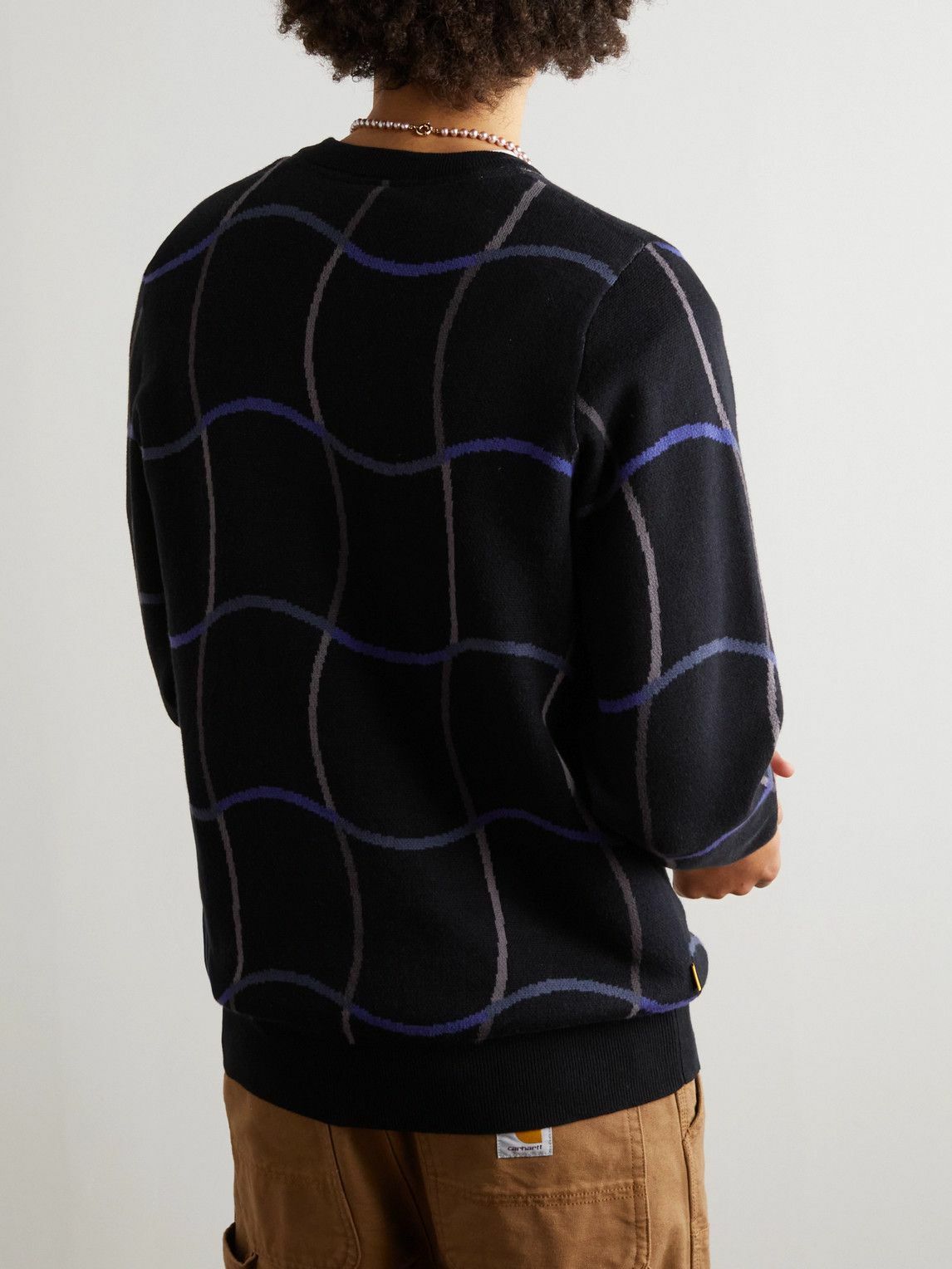 DIME - Wave Logo-Embroidered Jacquard-Knit Cotton Sweater - Black Dime