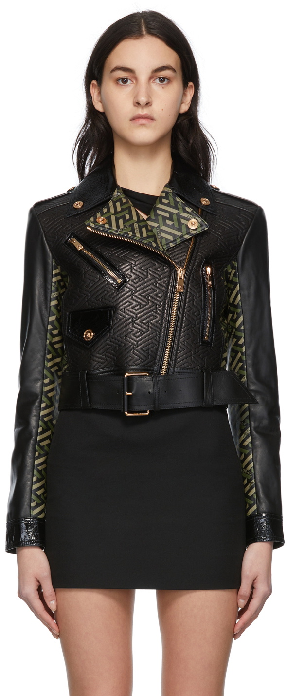 Versace Black & Green Monogram Belted Leather Jacket Versace