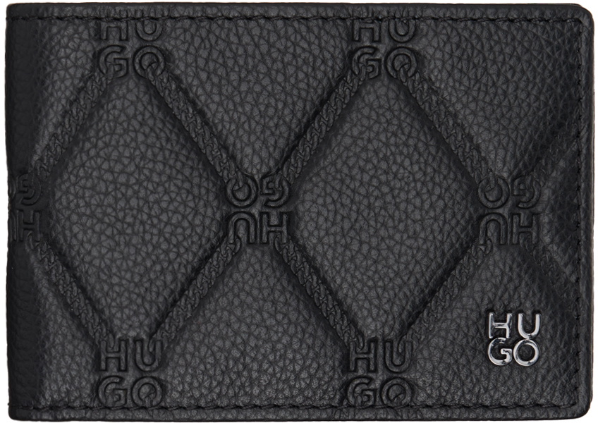Hugo Black Leather All-Over Stacked Logos Wallet Hugo Boss