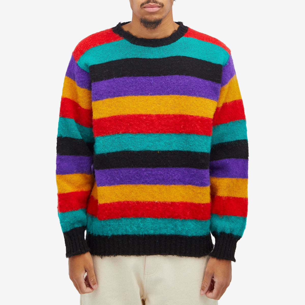 Drake's Men's Striped Brushed Shetland Crew Jumper in Black/Purple ...