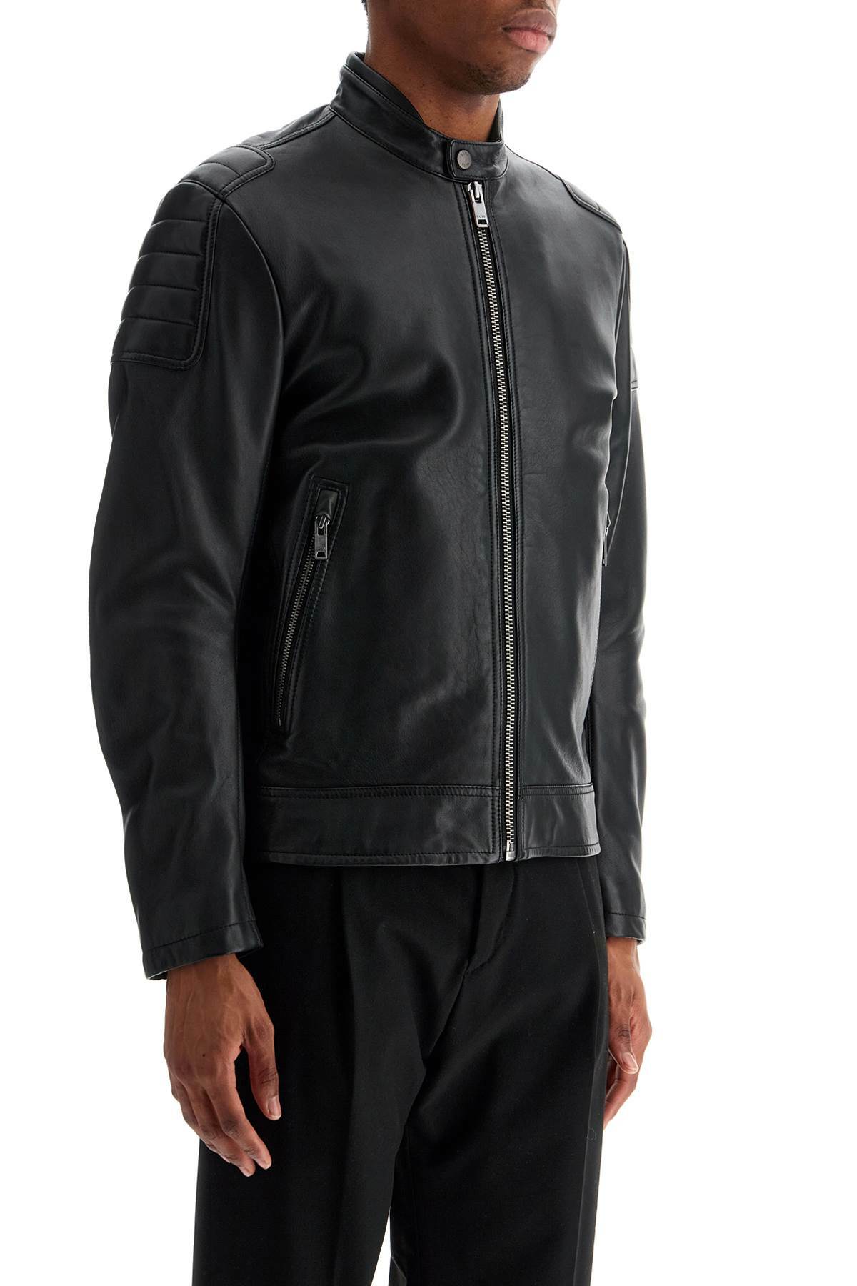 BOSS black leather jacket with high collar and quilted details Black BOSS