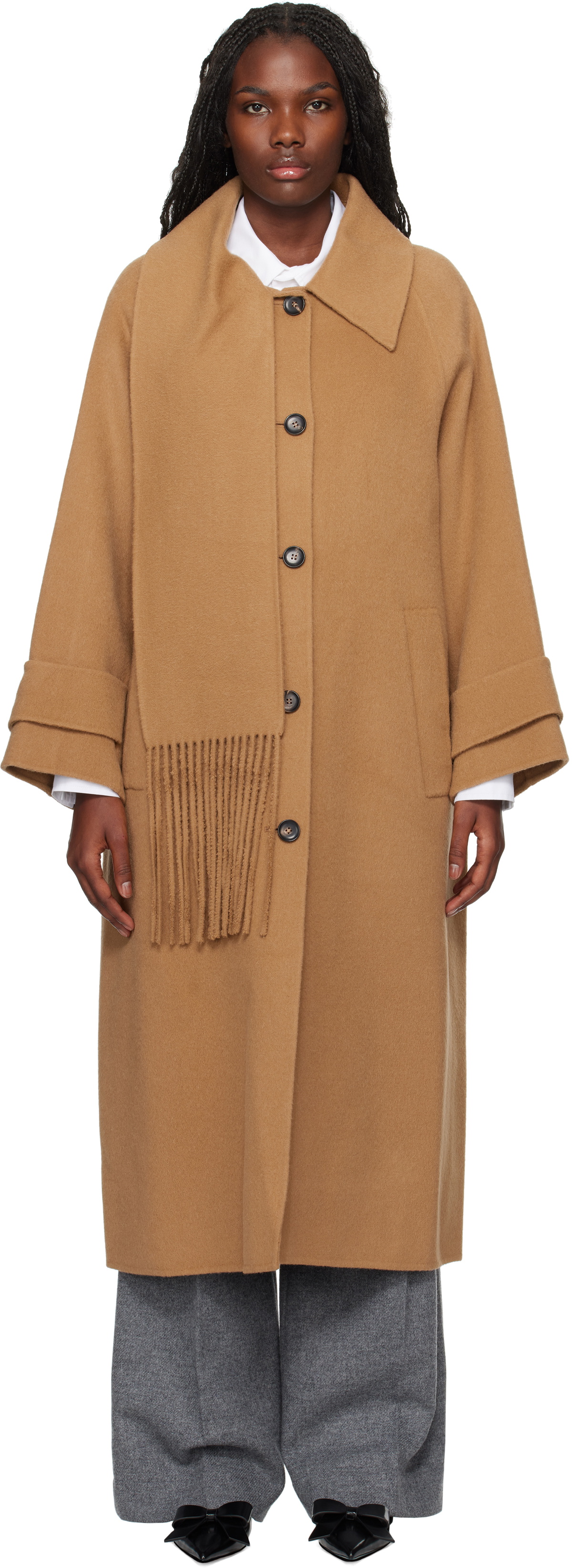 KIMHĒKIM Tan Alpaca Fringe Scarf Long Coat KIMHĒKIM