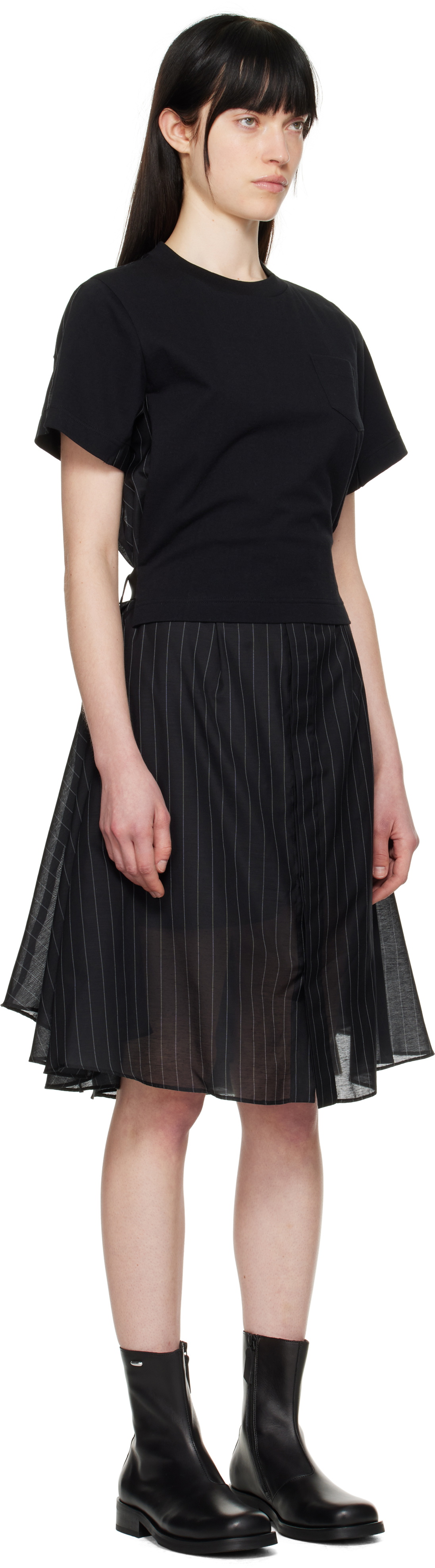 sacai Black Spun Organza & Cotton Jersey Midi Dress Sacai